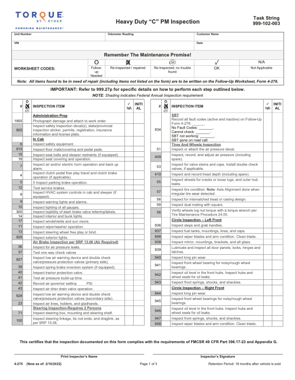 Heavy Duty “C” PM Inspection Sheet – HB Group – Ryder Punchout Catalog